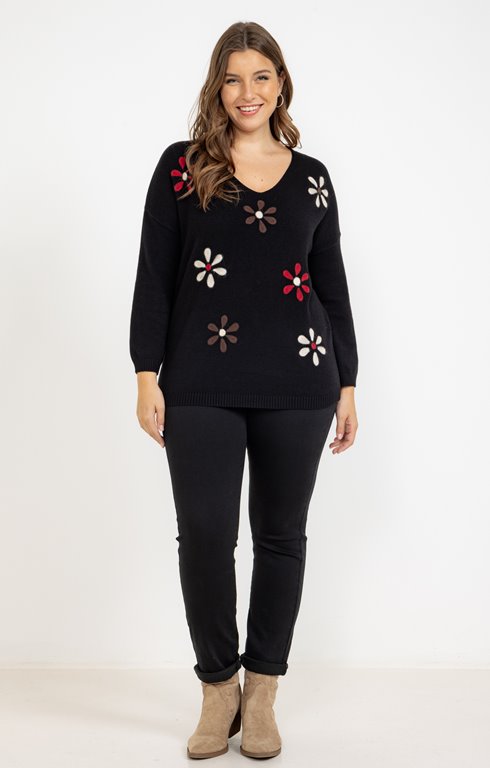 Pull avec fleurs - coloris NOIR - Toscane | Vêtements grande taille