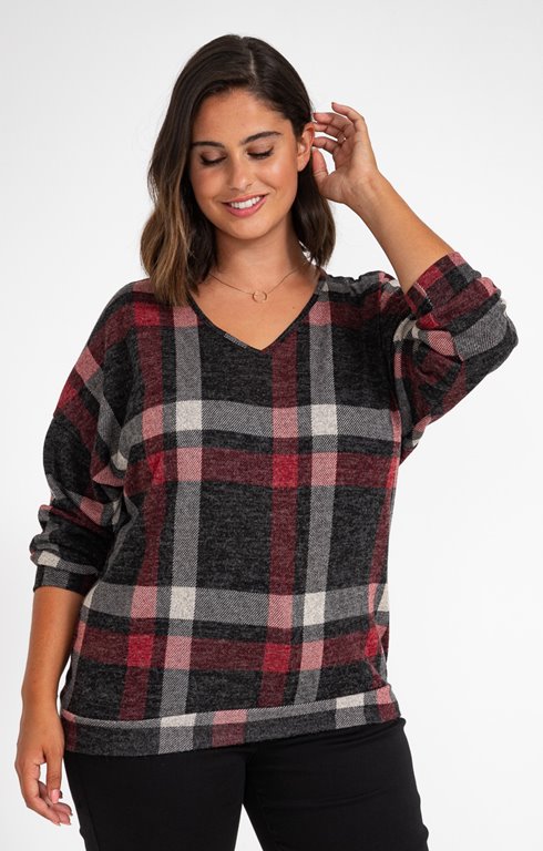 PULL COL V À CARREAUX - 20,00€ - ROUGE - Toscane